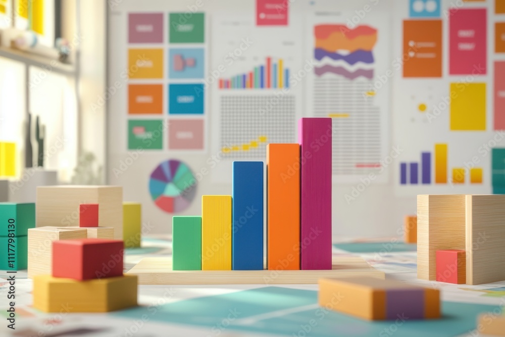 A colorful room with a wall of charts and a stack of wooden blocks. The ...