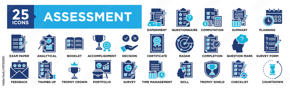 Assessment icon collection set. Containing design experiment ...