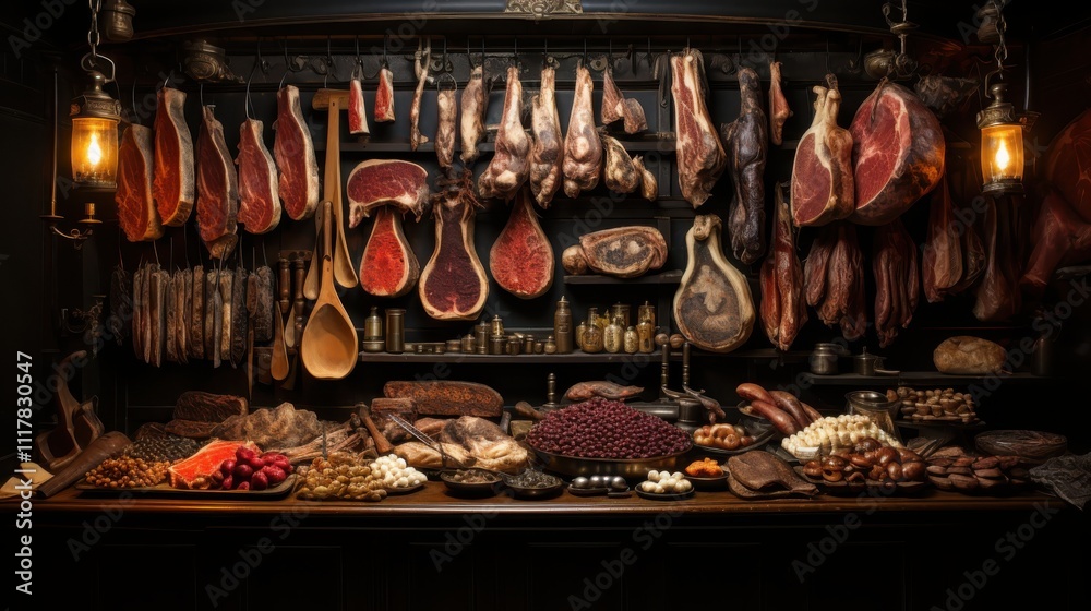 Artisan dry-aged beef charcuterie display in vintage butcher shop ...