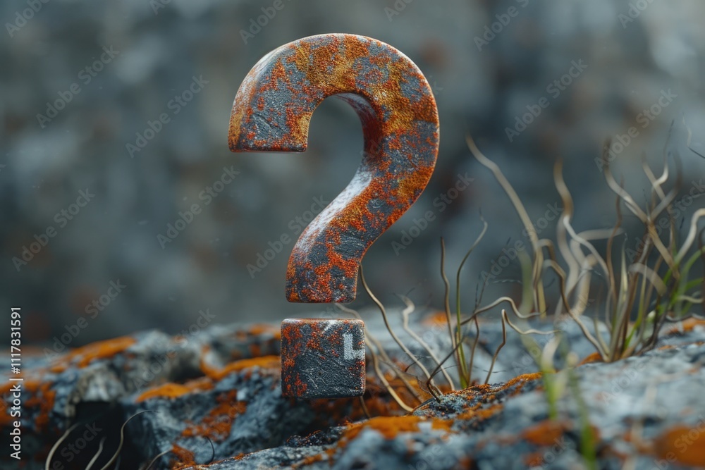 A weathered question mark symbolized in rusty metal on a rocky ...