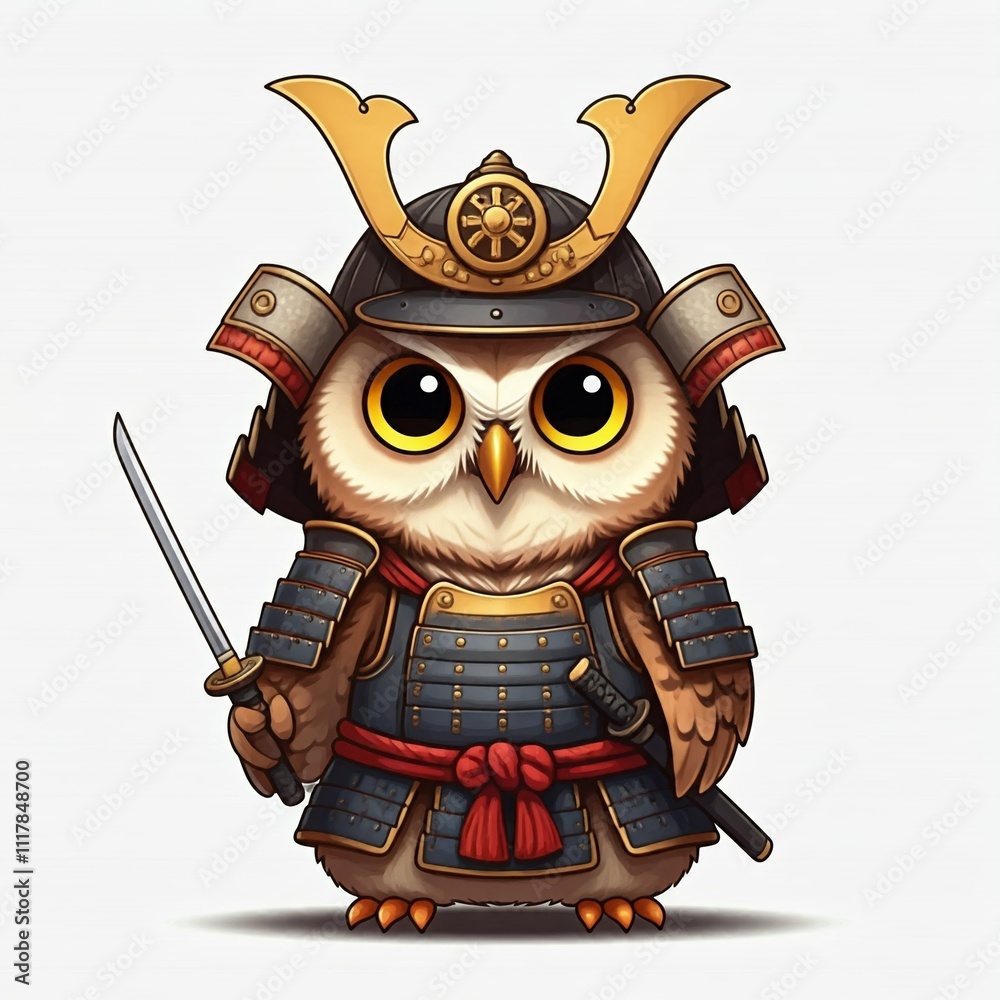 Chibi owl wearing a samurai helmet and armor, holding a tiny katana ...
