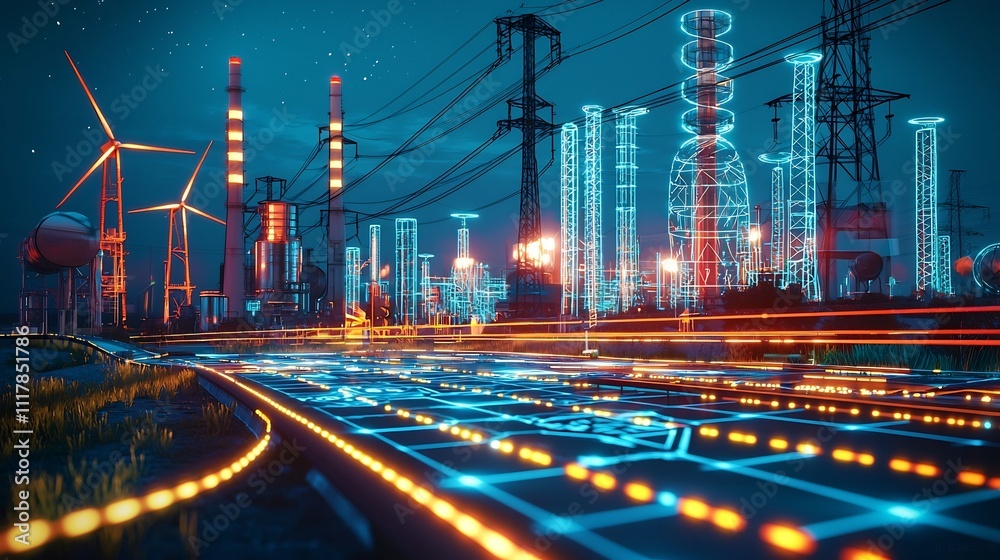 Futuristic Smart Energy Management System Displaying Holographic Grids and Renewable Sources ...