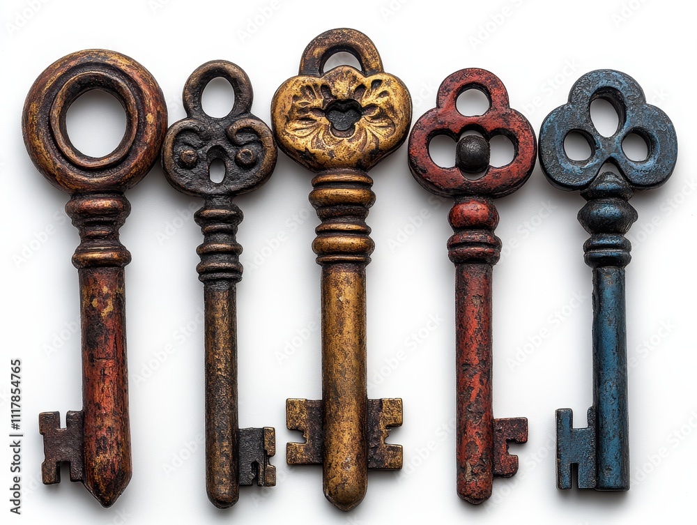 Five Antique Skeleton Keys in Various Colors and Finishes on White ...