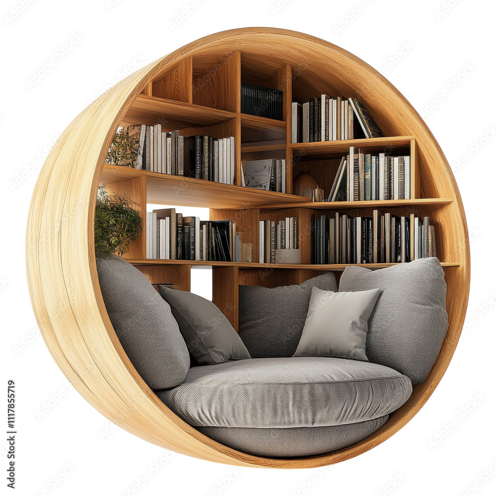 Cozy reading nook designed in a circular wooden structure with ...
