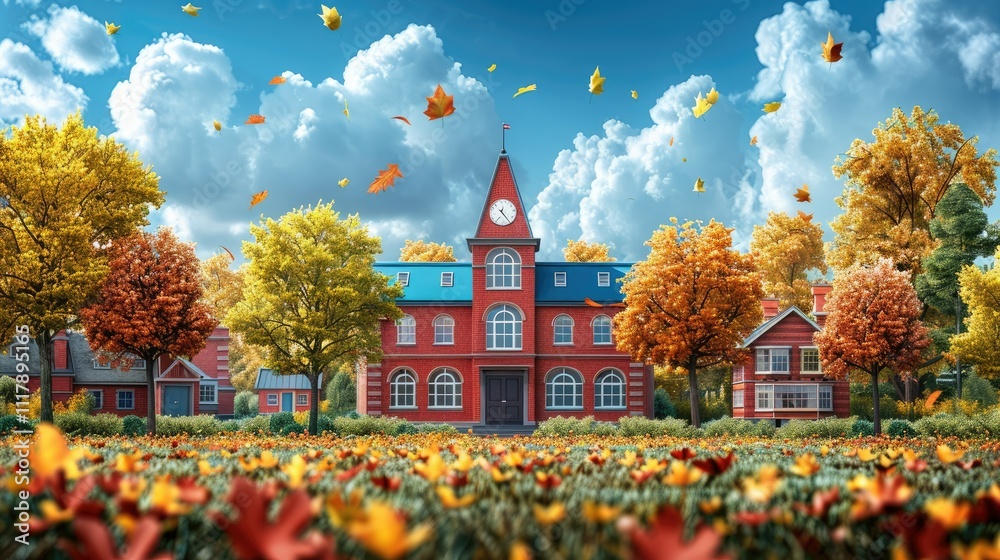 Idyllic autumn scene with a red brick schoolhouse, vibrant fall foliage ...