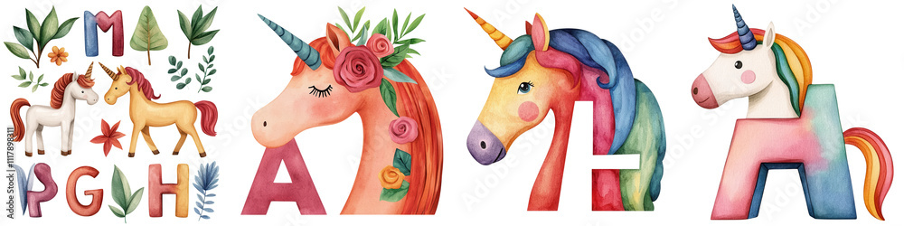 Unicorn themed alphabet and numbers posters with colorful designs and ...