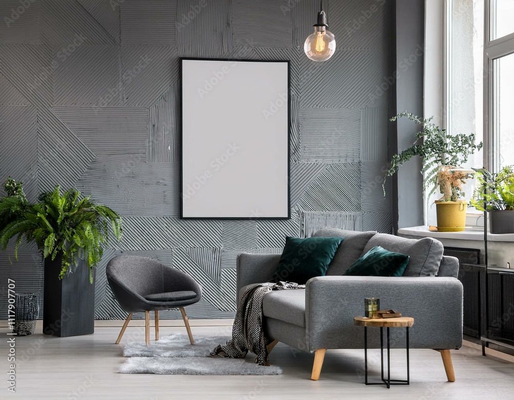 Stylish panoramic gray living room with a mix of textures and vibrant ...