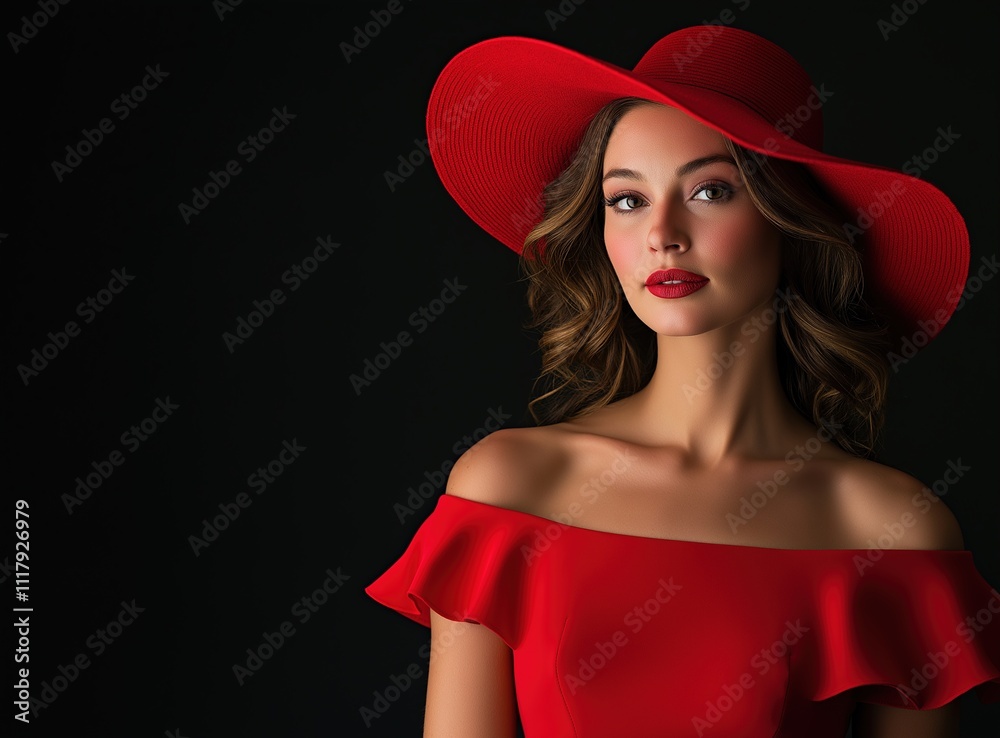 Fashion Woman in Hat hidden Face in Red Decollete Dress. Sexy Model ...