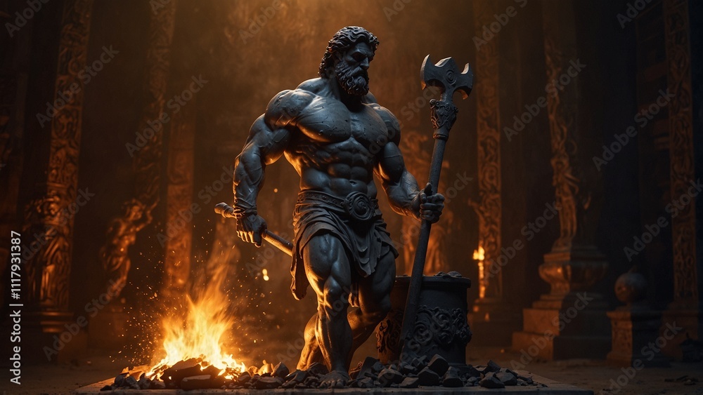 Statue of Hephaestus, holding a molten metal shovel and hammer in both ...