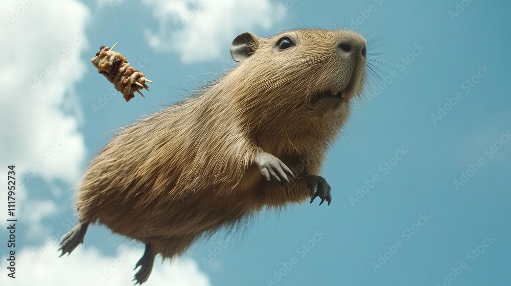 Capybara Flying Through Sky With Food Stock Illustration | Adobe Stock
