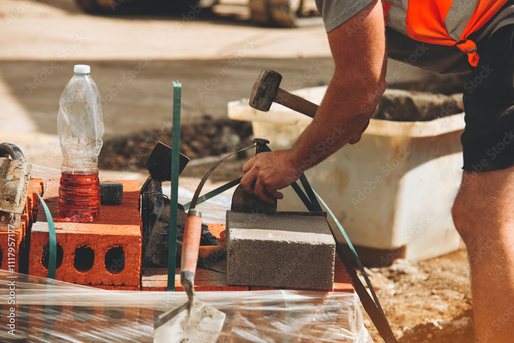 Bricklayer breaking part of concrete block using hammer and chisel ...