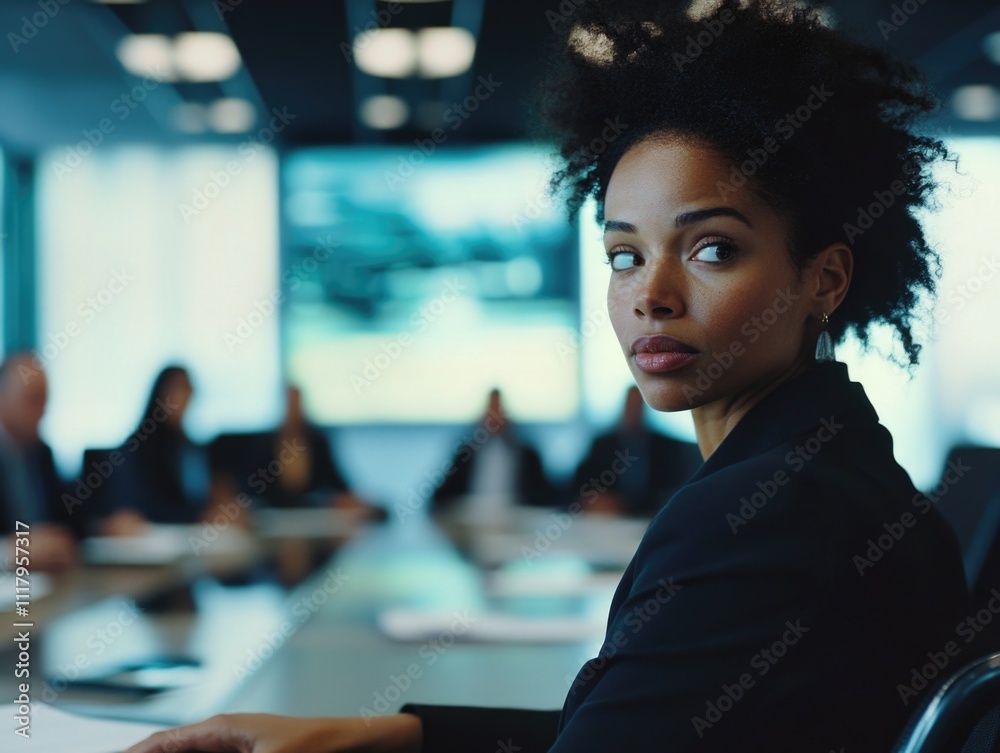 African American woman in business suit, attentively observing meeting ...