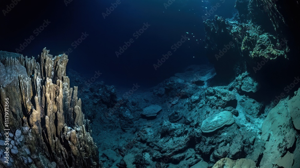 Seabed in the Mariana Trench. The image shows a wide, dark ravine with ...