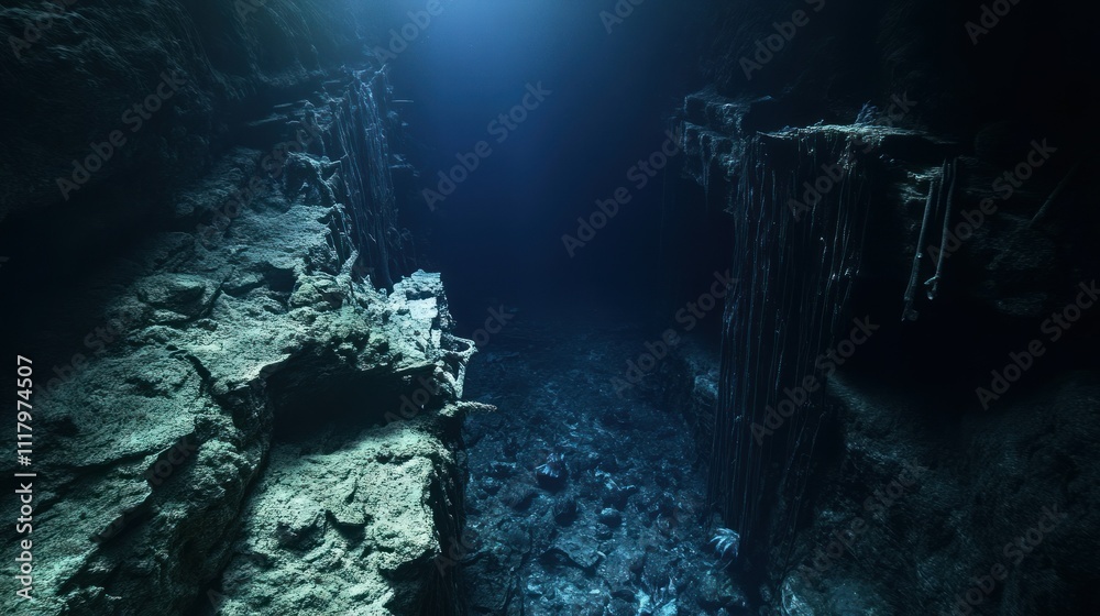 Seabed in the Mariana Trench. The image shows a wide, dark ravine with ...