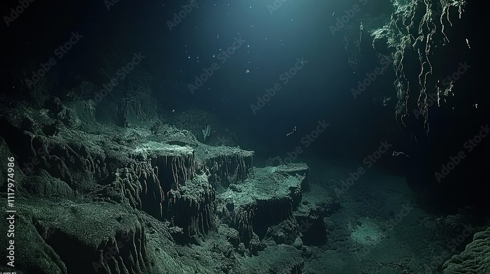 Seabed in the Mariana Trench. The image shows a wide, dark ravine with ...