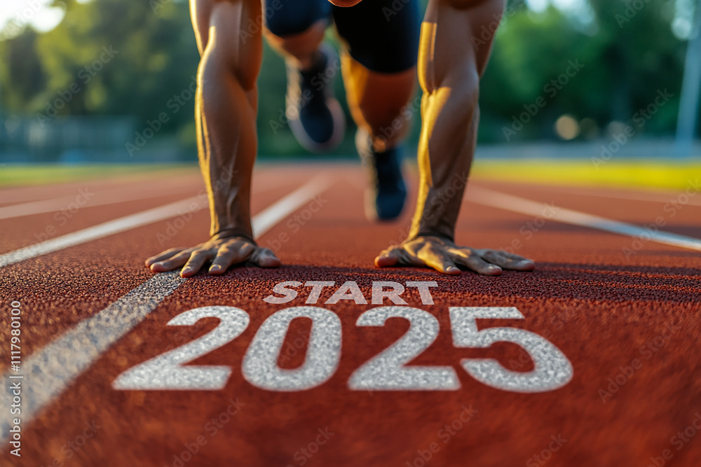 a runner at the starting line with Start 2025 written on it, ready to ...