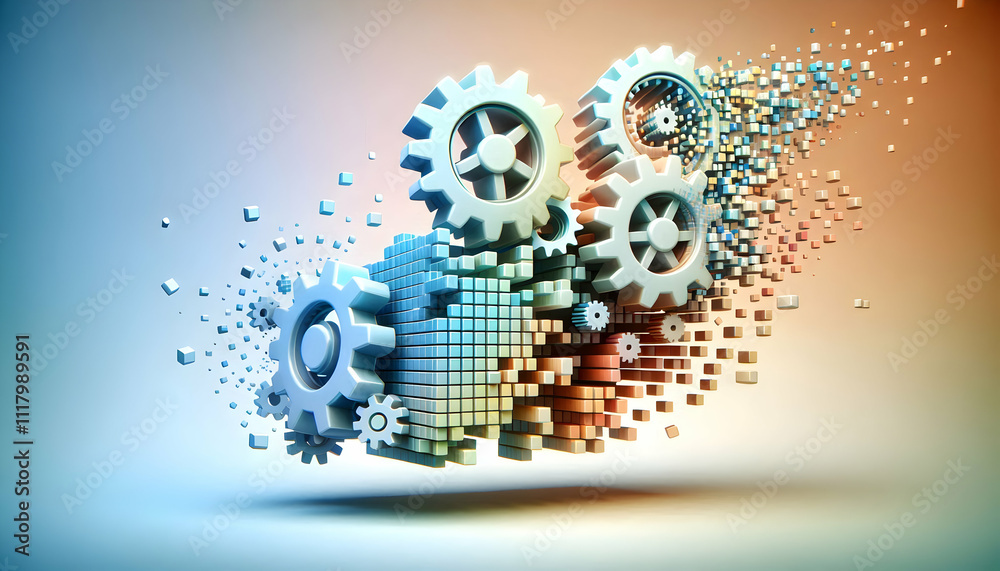 3D Abstract gears transforming into digital pixels over a gradient ...