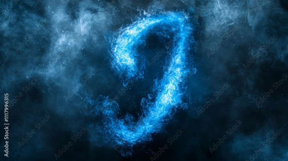Blue Fire Number Nine on Smoke Background, Abstract Digital ...