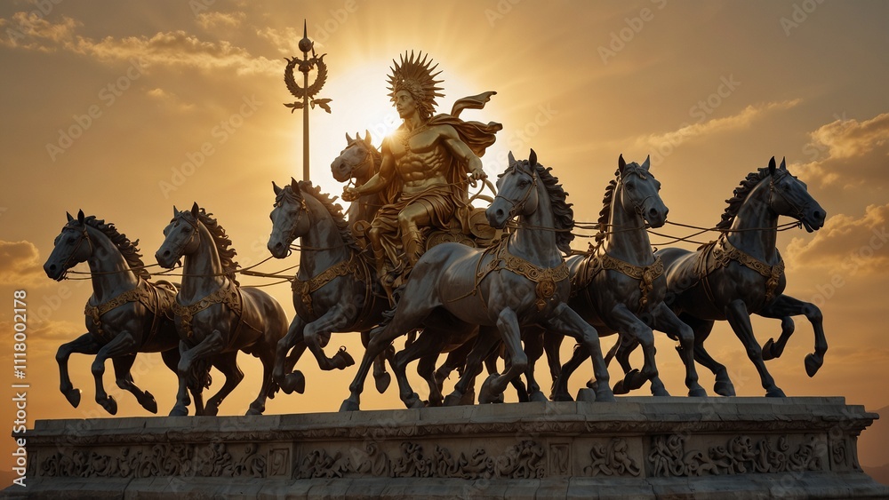 Statue of Helios, the sun god, driving a four-horse chariot, with a ...