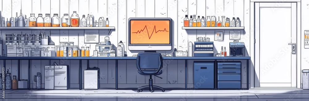 A modern cartoon depiction of an interior room in a basement control ...