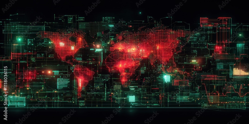 Foto de Stock Digital world map illuminated with vibrant colors and data overlays depicting ...
