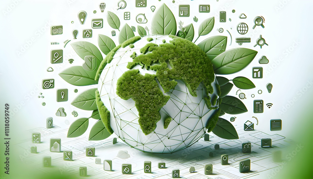 3D Leaves forming a world map with business icons overlay concept as ...