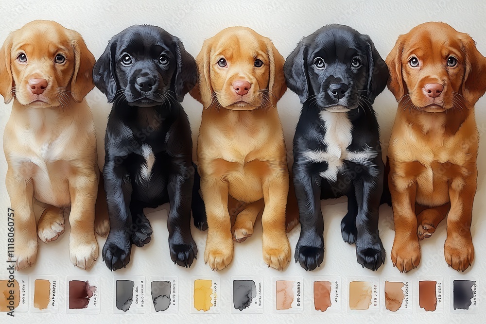 Five realistic puppy illustrations showcasing different fur colors and ...