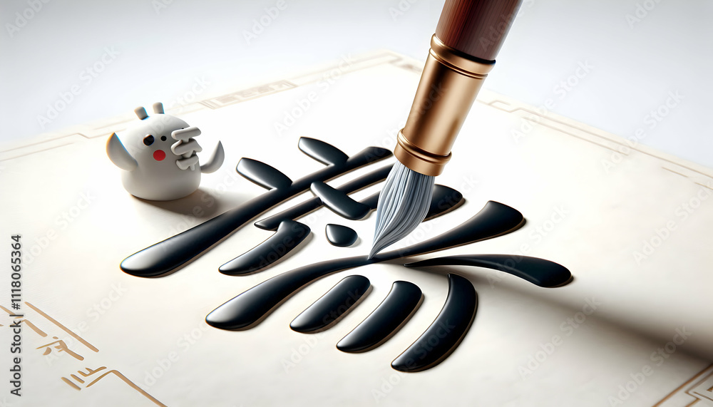 3D Macro shot of a calligraphy brush writing Chinese characters with ...