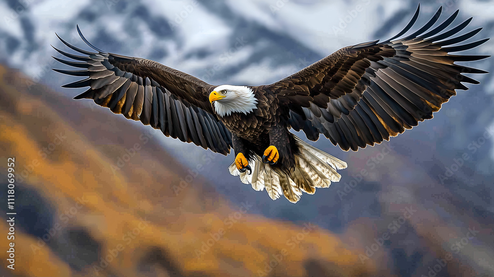 bald eagle flying in the sky, wings spread wide, full body shot, award ...