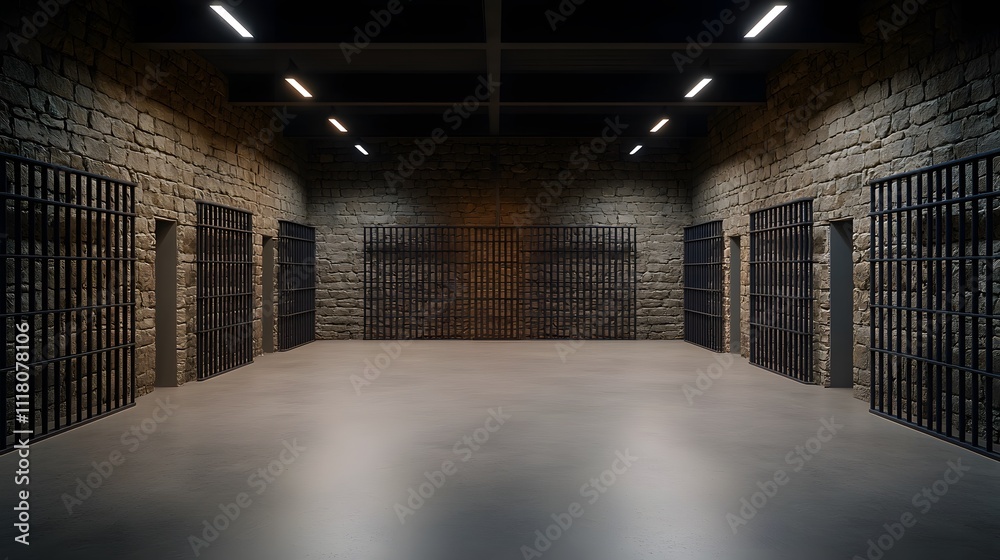 Spacious Interior of Empty jail with Rugged Stone Walls and Iron Barred ...