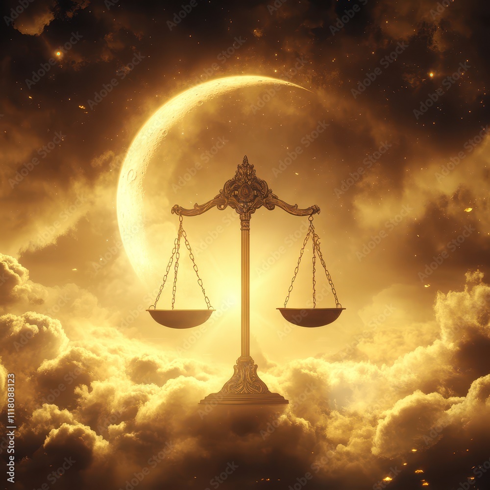 Faith in the Day of Judgment depicted with symbolic scales of justice ...