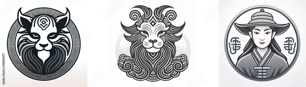 Three monochrome circular emblems feature stylized animal and human ...