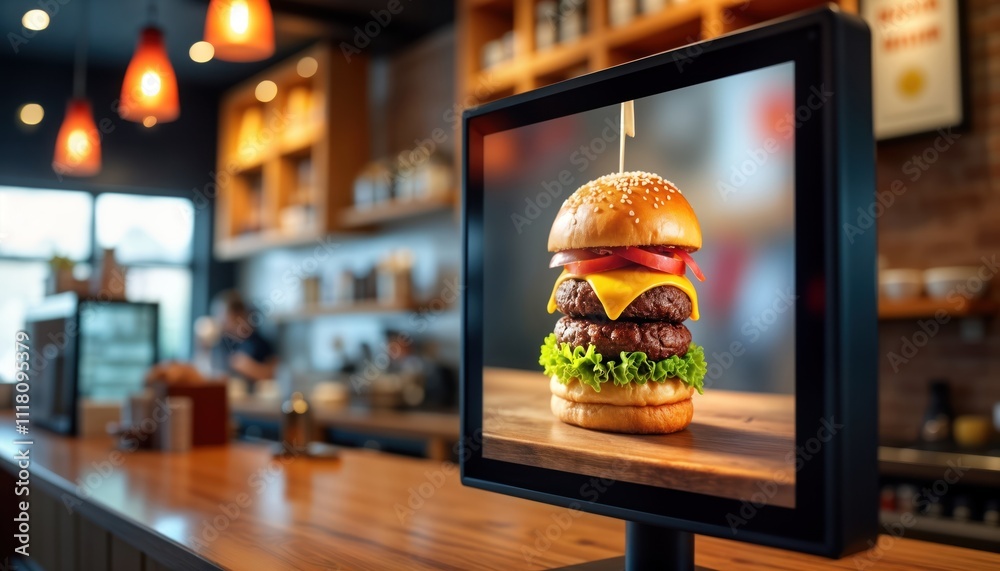 Digital display in restaurant shows double-decker burger menu ...