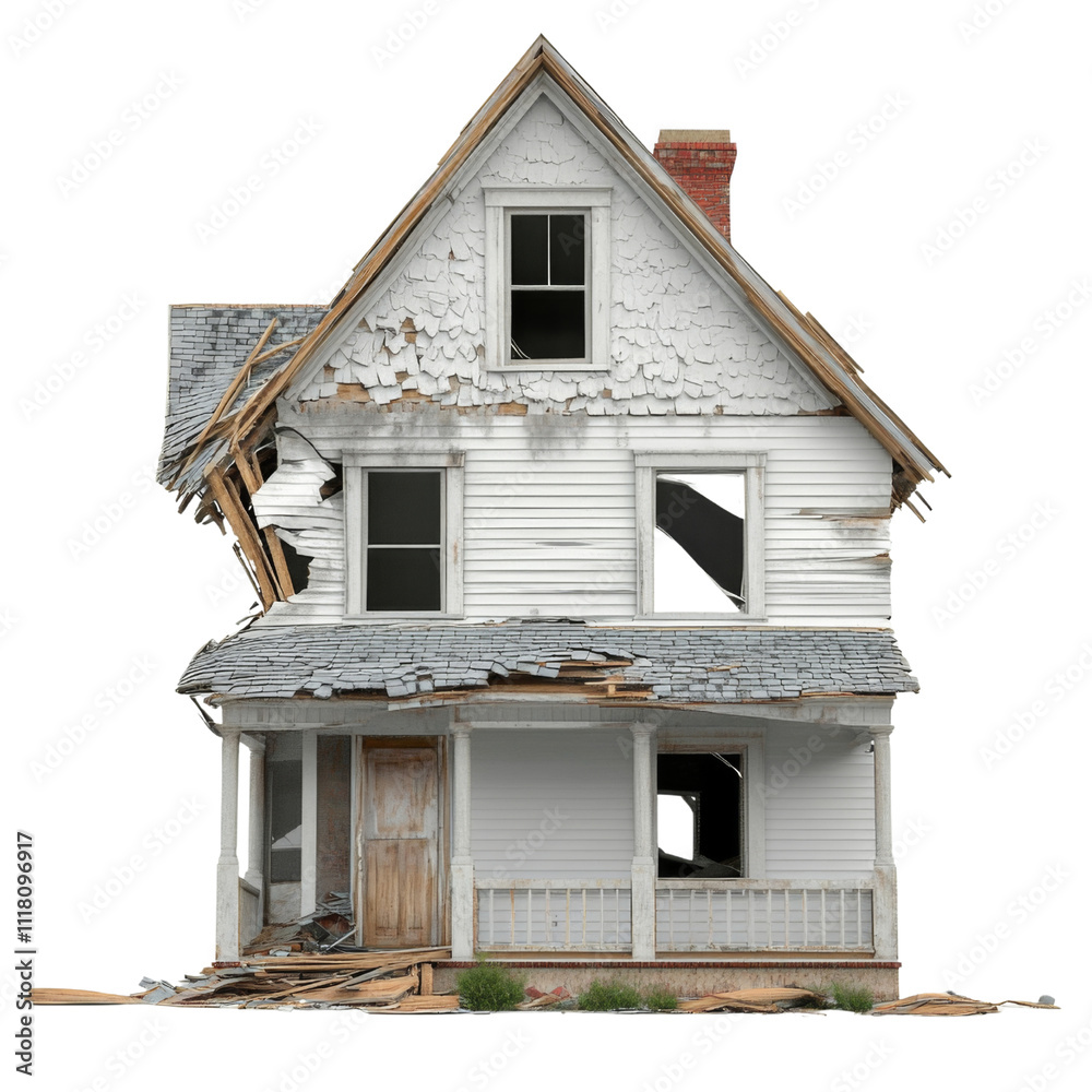dilapidated, abandoned house with peeling paint and broken windows evokes sense of decay and ...
