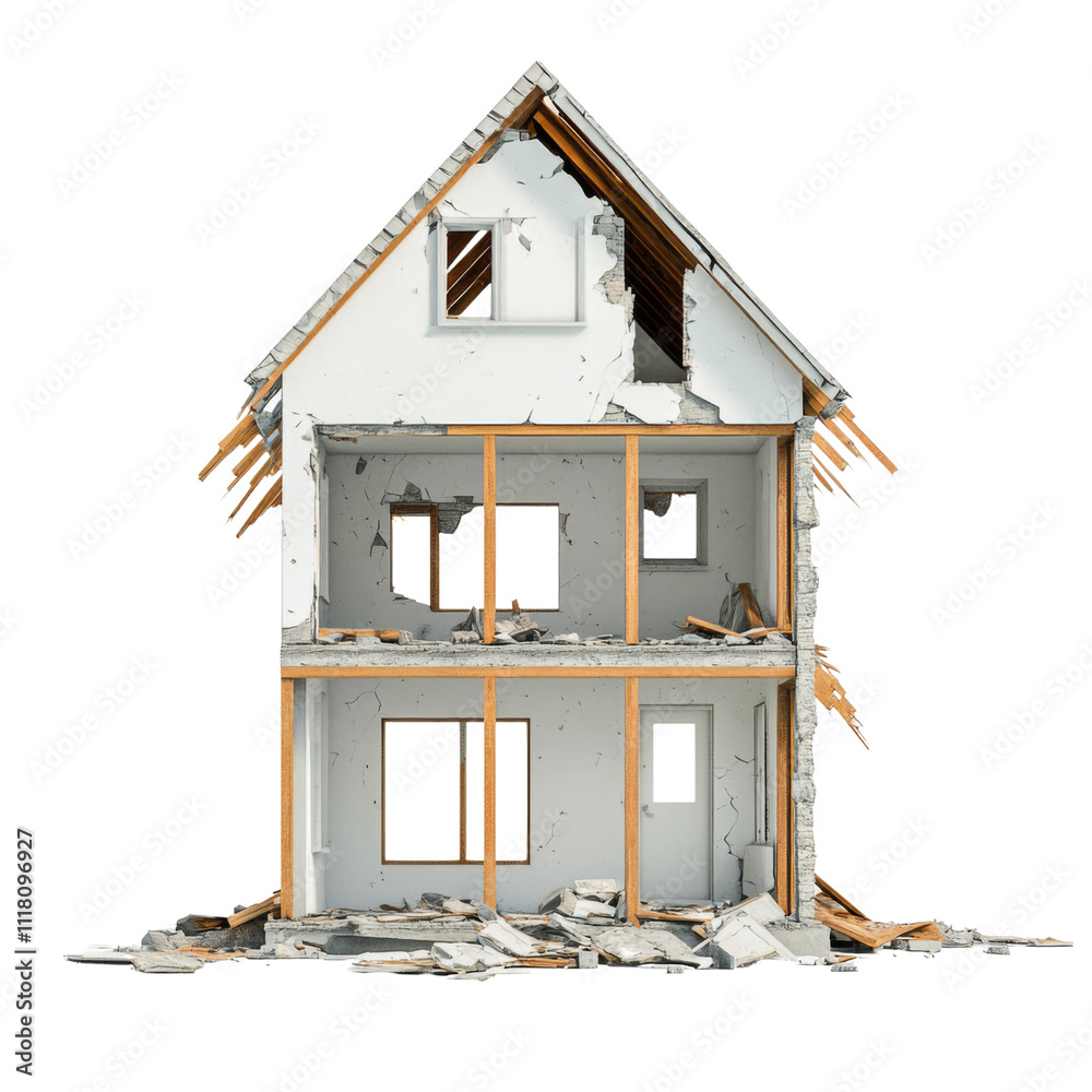 dilapidated two story house with exposed wooden beams and crumbling walls, showcasing ...