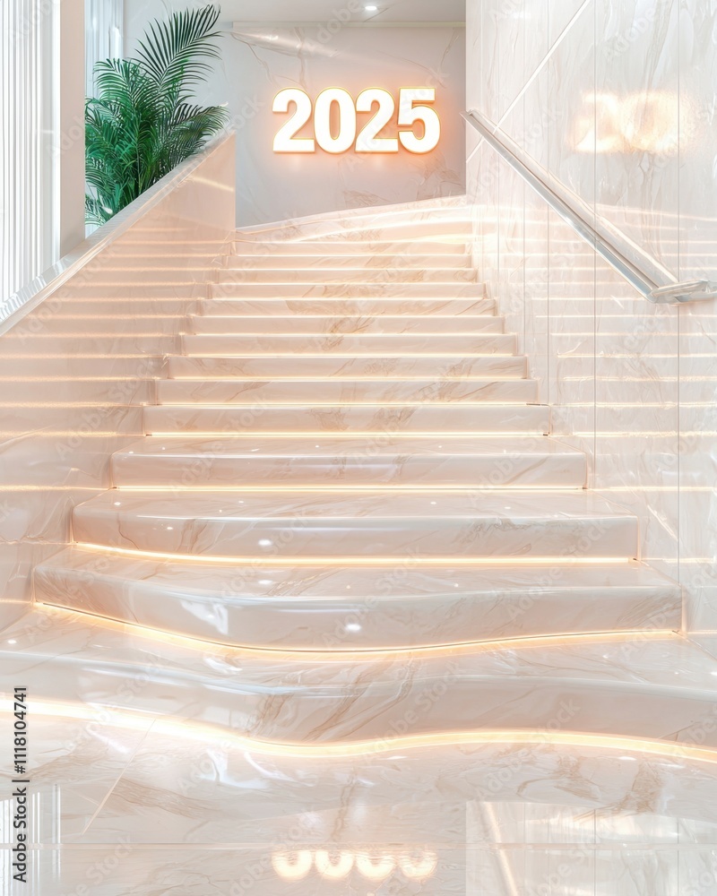 Reflection and growth concept for 2025. Modern staircase with ...