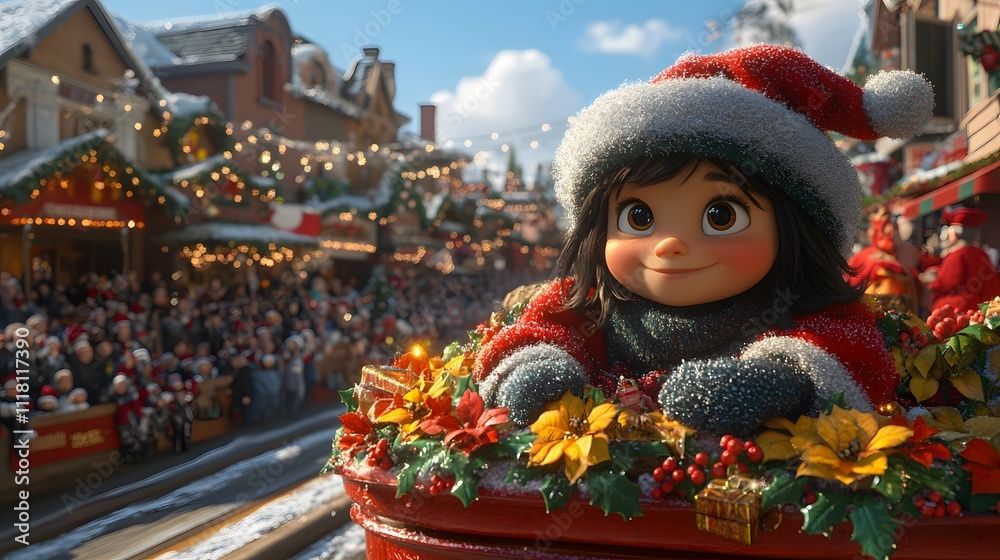Cartoon style Christmas parade with animated characters dressed in ...