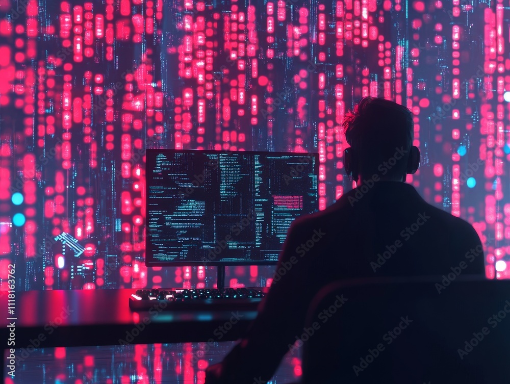 Cybercriminal in a Dimly Lit Room with Security Icon for Fraud Detection and Prevention Stock ...