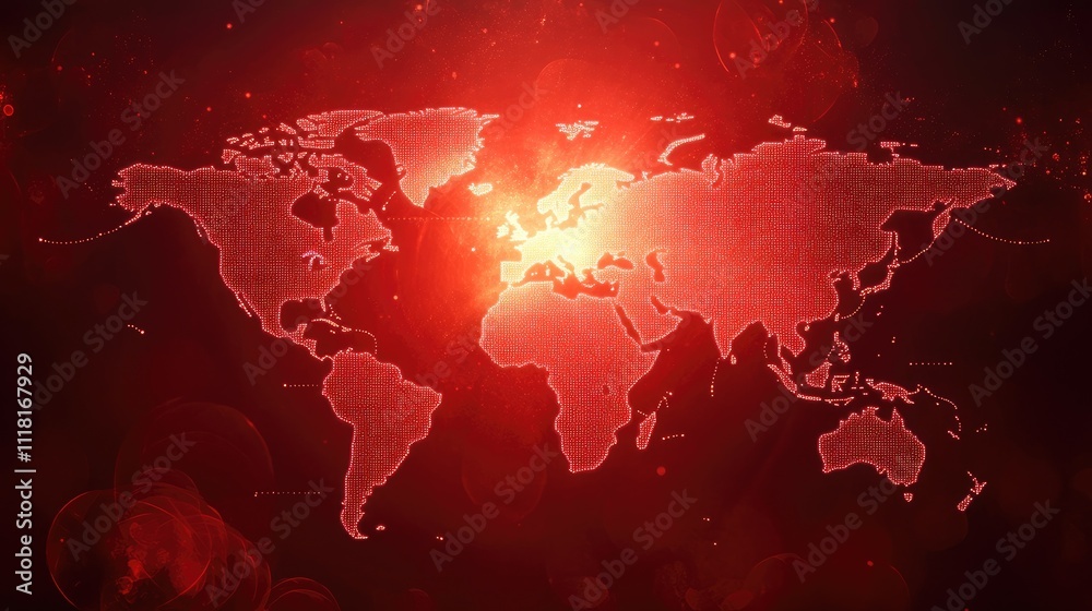 Red and dramatic world map with bright light effect, symbolizing global ...