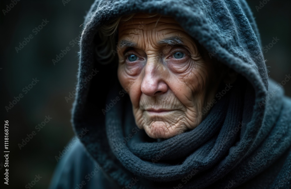 Aged woman with determined expression wears thick shawl. Serious look ...