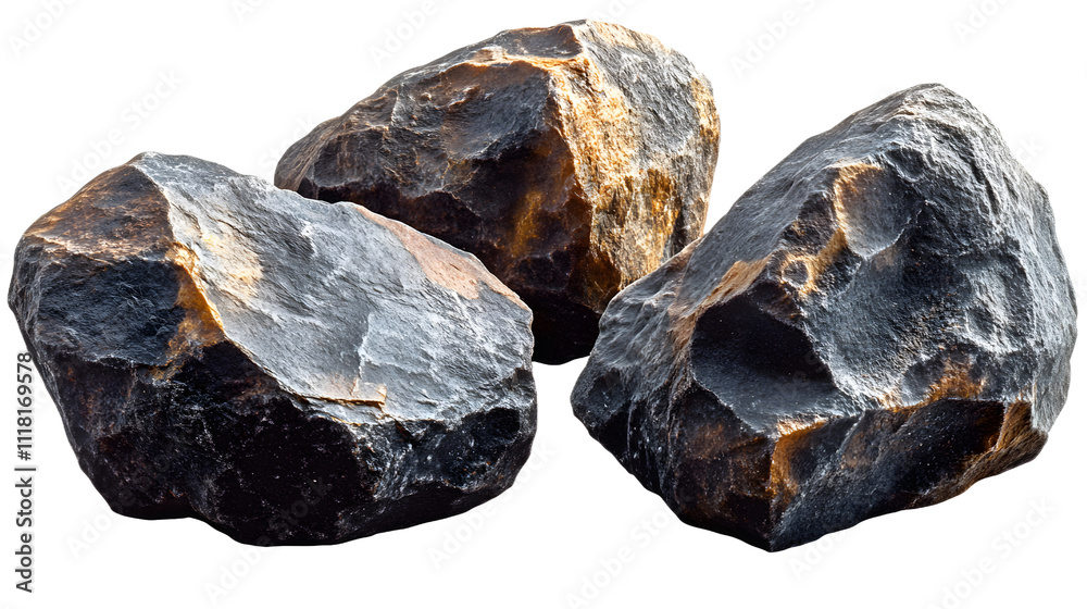 Three meteorites isolated on a transparent background, showcasing their ...
