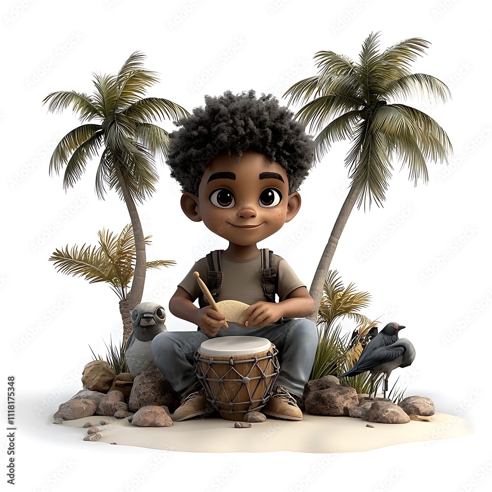 Cute cartoon illustration of a Cuban boy playing a bongo drum with palm ...
