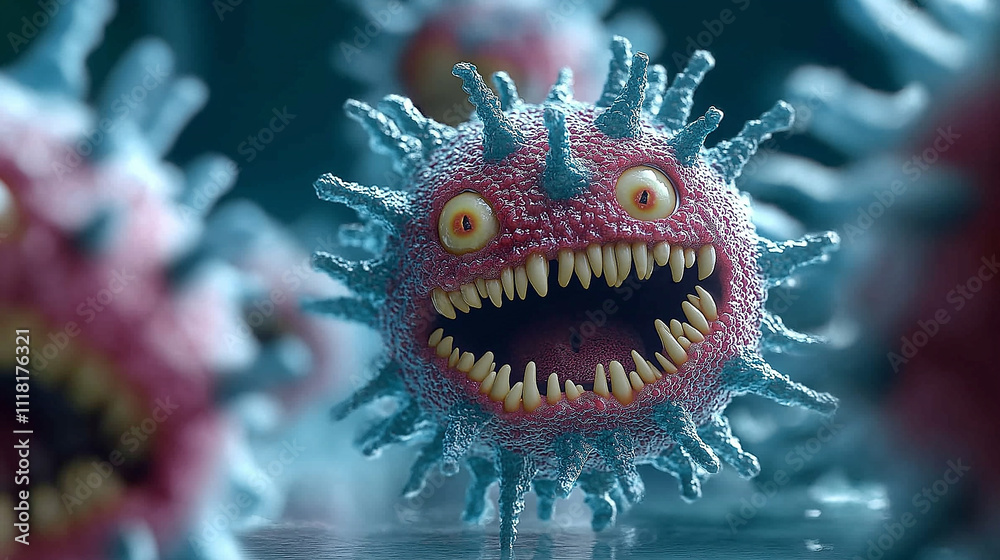 a microscopic view of a group of viruses, their menacing forms ...