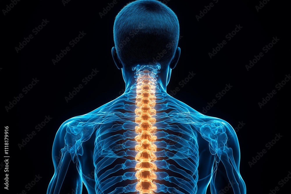 Neural pathways highlighted in a digital rendering of a human spine for ...