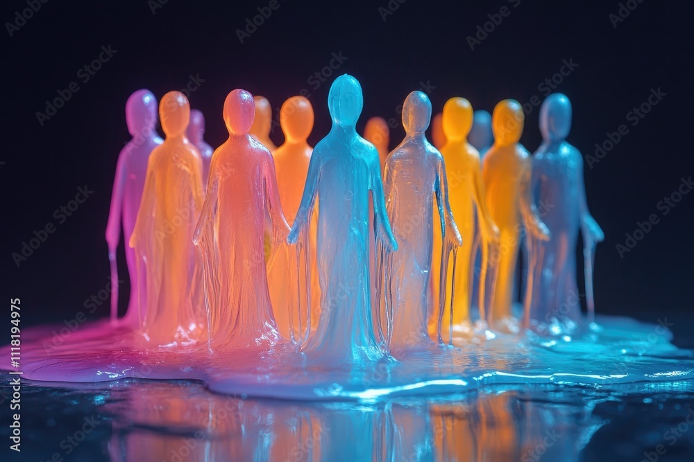 Melting plastic toy figurines, surreal perspective with dripping ...