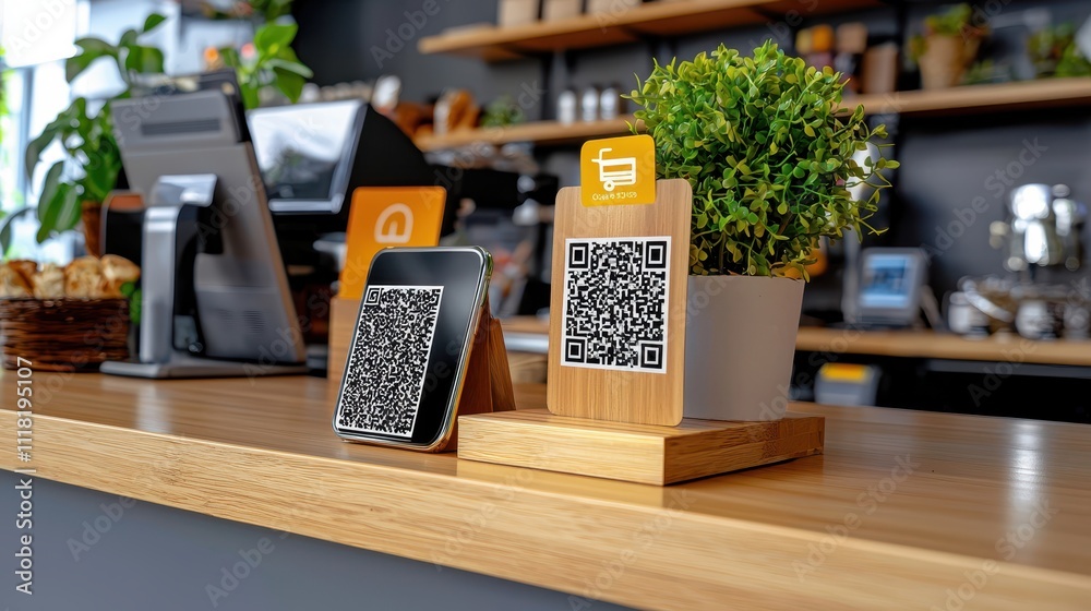 Modern Cafe Counter with QR Codes, Plant, and Coffee Equipment Display ...