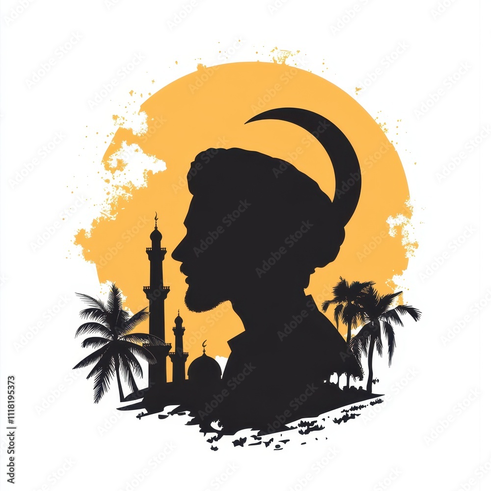 Final prophet Muhammad, crescent and mosque silhouette, flat design ...