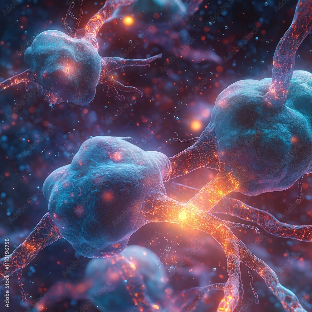 Digital illustration shows neural synapse transmission. Vibrant colors highlight ...
