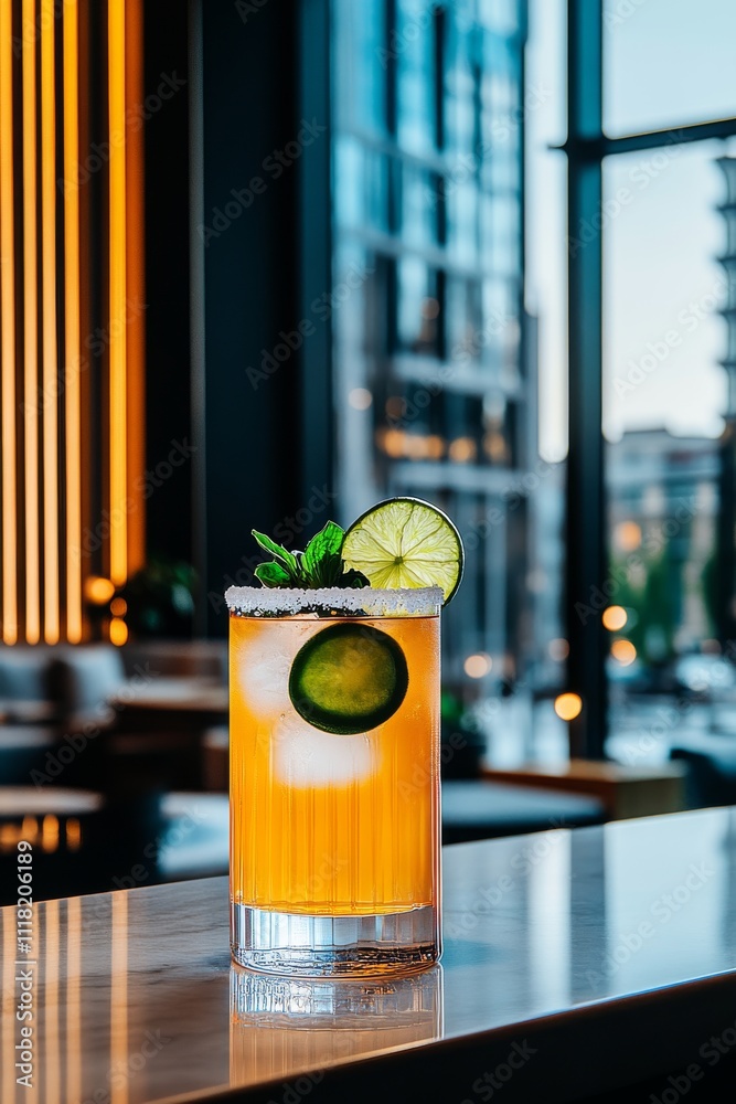 Vaso alto con bebida amarilla decorada con rodajas de lima y pepino, en ...