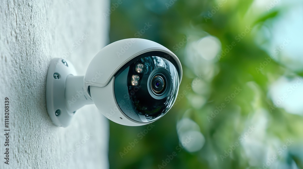 Modern security camera installed on a wall, showcasing advanced ...
